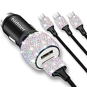 Bling USB Car Charger 5V/2.4A Multicolor Crystal Decor Dual Port Fast Adapter with 3.9ft Nylon Type C/Micro USB 3-in-1 Multi Charging Cable for iPhone iPad Android,Car Interior Accessories for Women