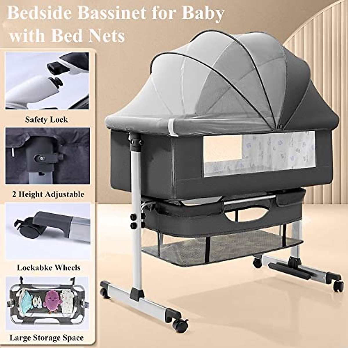 Kaptin Baby Bassinet Bedside Crib, Bedside Sleeper for Baby, Heigt Adjustable Crib with Wheels, Easy Folding Portable Baby Cradle with Large Storage Basket, for Infant/Baby/New Born (Grey)