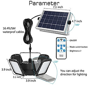 Solar Pendant Light Outdoor/Indoor, 128 LED 1000LM Solar Shed Light 4-Leaf 120° Adjustable Motion Sensor Solar Light with Remote, IP65 Waterproof Solar Security Light for Garage Garden Gazebo Porch
