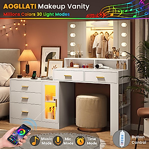 AOGLLATI Makeup Vanity Desk with Mirror and Lights & Charging Station, White Vanity Table with 3 Drawers LED Dresser, Makeup Desk with 3 Lighting Modes, 5 Drawers and Cabinet Storage