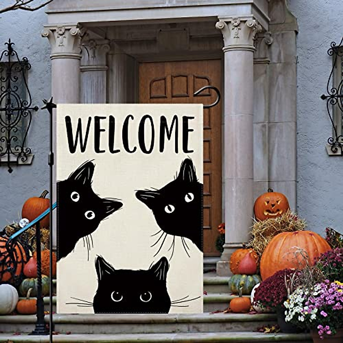CMEGKE Black Cat Garden Flag Cat Flag Welcome Garden Flag Halloween Yard Flag Double Sided Burlap Holiday Halloween Farmhouse Home Outdoor Yard Decor Black Cat Halloween Decor 12.5 x 18 In