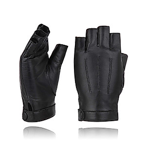 YISEVEN Women's Classic Sheepskin Leather Fingerless Gloves Lined Classic Soft Sheepskin 1/2 Half Finger Button Punk Motorcycle Cycling Fitness Touchscreen Warm Winter Gift, Black 7.5"/Large