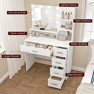 FGNTWP Makeup Vanity Desk with Mirror, 10 Lights, 5 Drawers, 3 Storage Shelves, 3 Color Modes & Adjustable Brightness Dressing Table, 35.4” Desk, White