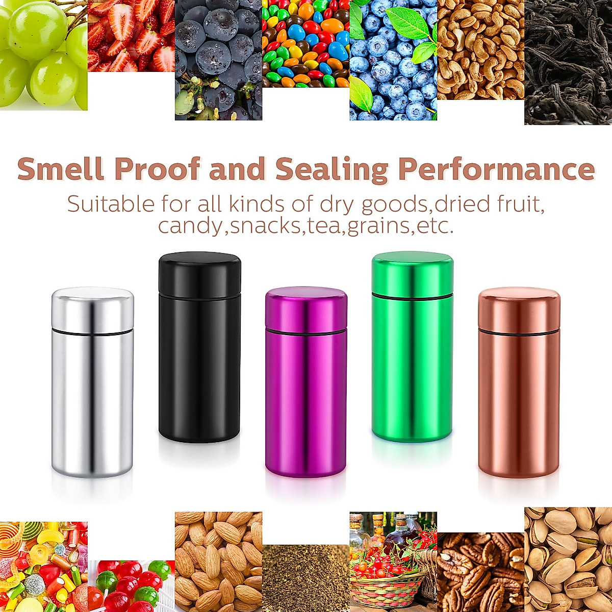 Zhehao 5 Pcs Aluminum Container Storage Container Miniature Metal Waterproof Containers for Coffee Teas Screw Top Lid Lock Odor 1.7 oz(Black, Silver, Rosy Gold, Purple, Green)