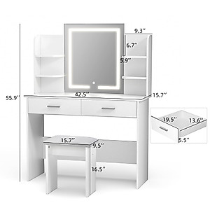 SMOOL Vanity Desk with Lighted Mirror - Makeup Vanity Table with 3 Color Light Options Adjustable Brightness, Vanity with 6 Storage Shelves, 2 Large Drawers, Vanity Set for Girls Women, White