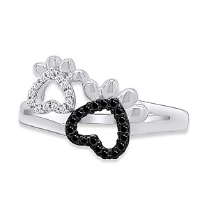 Round Cut White & Black Diamond Paw Print Promise Ring In 14K White Gold Over Sterling Silver (0.10 cttw) Ring Size-7
