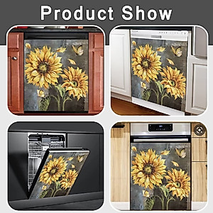 MAJO Farmhouse Sunflower Magnet Dishwasher Cover Farm Kitchen Decor, Painting Sunflower Butterfly Magnetic Refrigerator Panel Decal, Sunflower Art Fridge Decal (23" x 26"Magnetic)