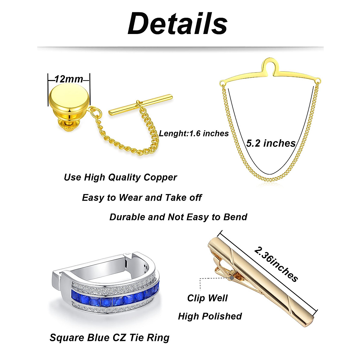 Tornito 9Pcs Tie Clips Tie Ring for Men Square CZ Tie Tacks Clutch with Chain Necktie Silver Black Gold Tie Clips Link Chain for Wedding Meeting Business Anniversary Tie Pin Clips