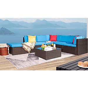 Furniwell 7 Pieces Patio Furniture Sectional Set Outdoor Wicker Rattan Sofa Set Backyard Couch Conversation Sets with Pillow, Cushions and Glass Table (Blue)
