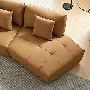Modern Living Room Curved Sofa, Real Leather Modular Sectional Sofa, Chaise Lounge Couch, 3-Seater Corner Couch, 120'' Sofa Couch with 3 Pillows, Apartment, Home Furniture, Office, Brown Couch