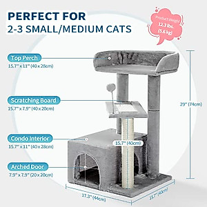 Made4Pets Cat Tree, Carpet Cat Tower Grey for Indoors Cats, Cute Wood Kitty Condo with Scratching Post and Pad, 27" Multi-Level Modern Activity Climbing Furniture for Small and Medium Cats