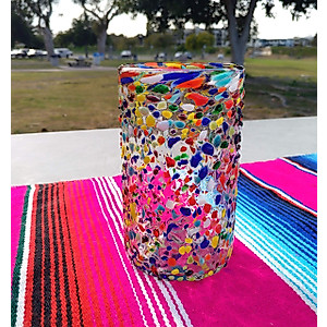Hand Blown Mexican Drinking Glasses - Set of 6 Confetti Rock Design Glasses (14 oz each)