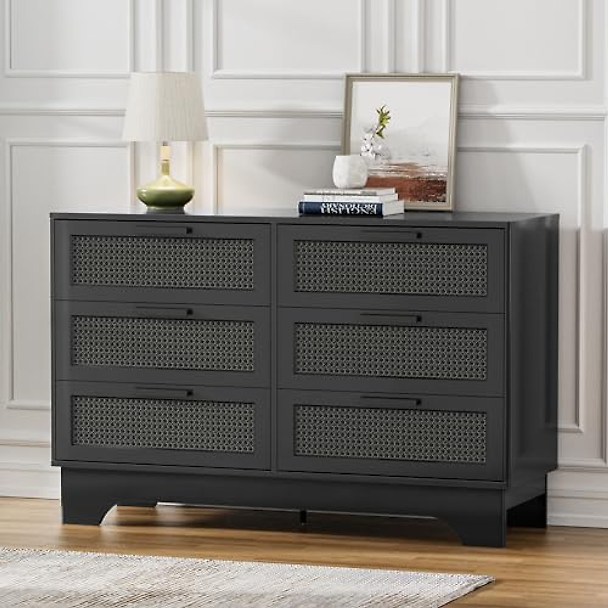 Anmytek Black Rattan 6 Drawer Dresser for Bedroom, Wood Dressers for Bedroom, Natural Wood Storage Wide Dressers & Chests of Drawers Large Storage Cabinet for Closet, Bedroom and Entryway, H0110