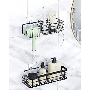 Black Shower Caddy, 4 Packs Self Adhesive Shower Shelves, Bathroom Shower Organizer with 8 hooks, No Drilling Rustproof Stainless Steel Shower Shelf for Inside Shower Wall