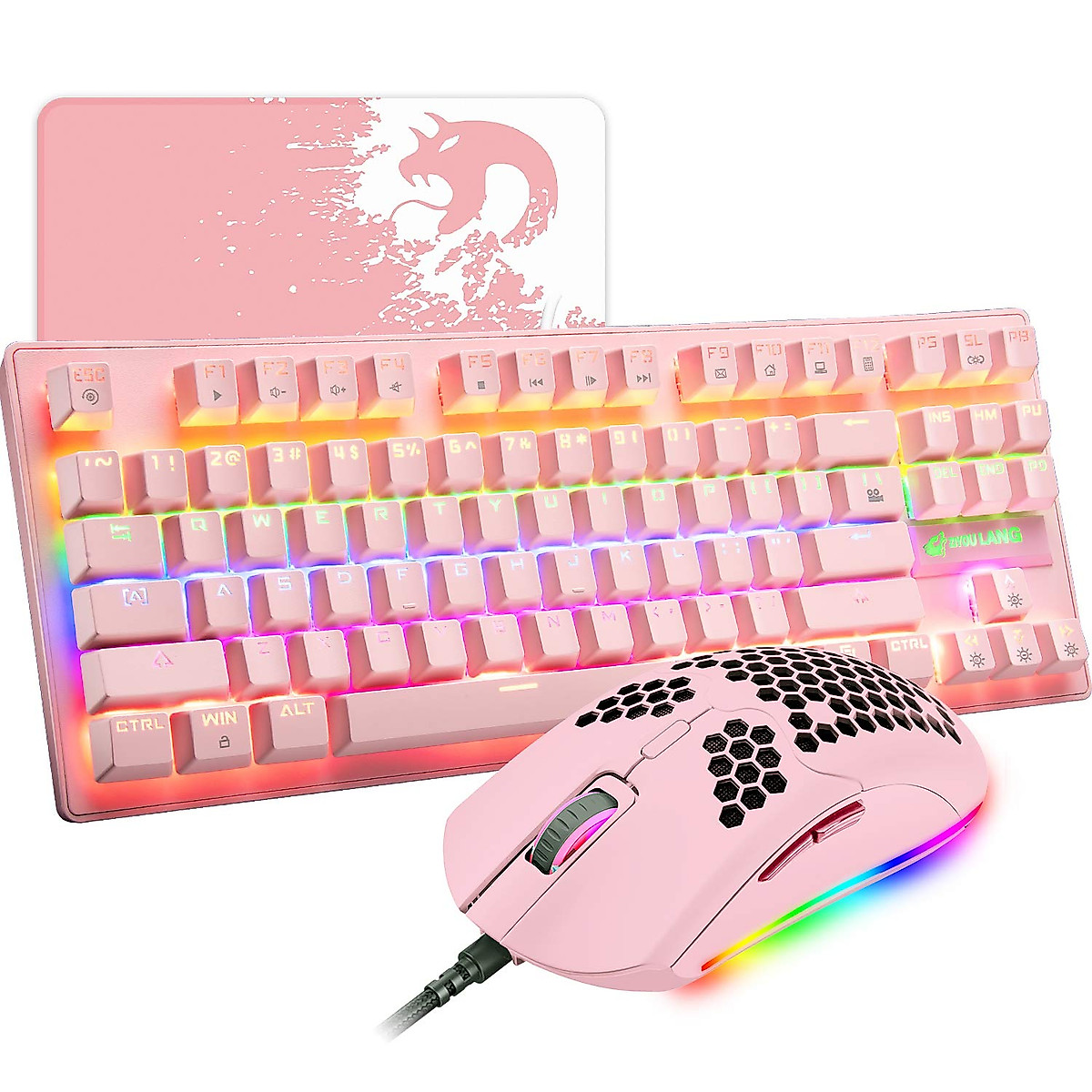 Pink Mechanical Gaming Keyboard Blue Switch Mini 87 Keys Wired Rainbow LED Backlit Keyboard Professional Lightweight Gaming Mouse Gaming Mice Pad for Gamers and Typists