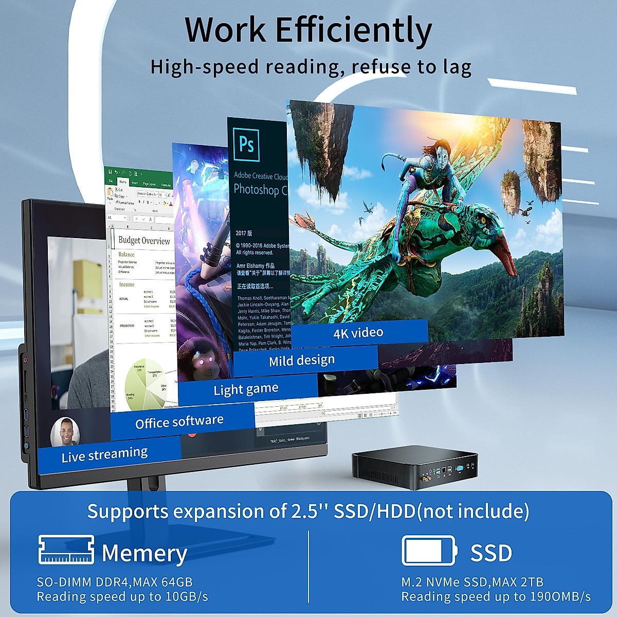Kinupute Mini PC i9, Desktop Computer i9-10885H 2.4-5.3GHz, Windows 11 Pro, 32G DDR4, 1T NVME SSD, 4K@60Hz HDMI, VGA Port, USB3.0, WiFi6, BT5.1, Gigabit Ethernet for Business/Education/Office/HTPC