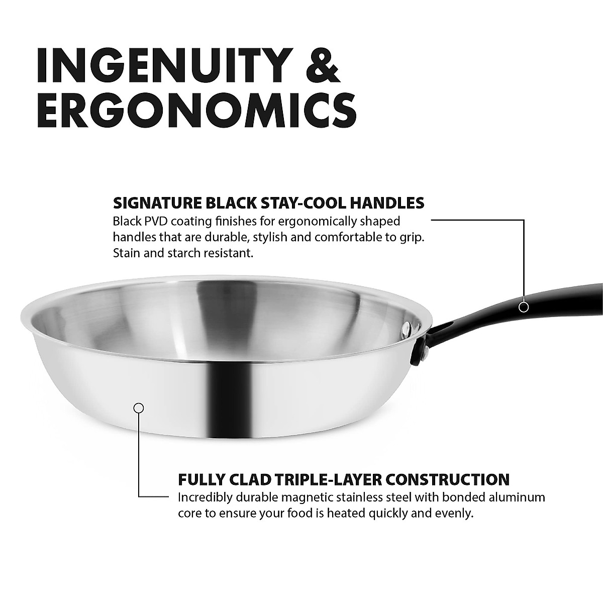 GRANDTIES Full-Clad Tri-Ply Stainless Steel Frying Pan Induction Cookware – 10 Inch Stainless Steel Skillet, Marquina Black Metal Handles Kitchen Cooking Pan, Dishwasher and Oven Safe Pots and Pans
