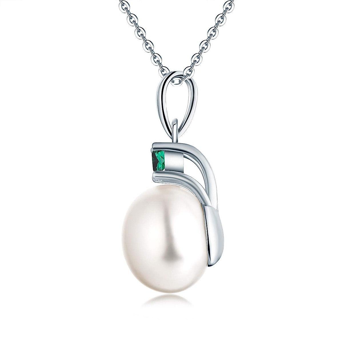 JO WISDOM Pearl Necklace,925 Sterling Silver Cubic Zirconia 10mm White Freshwater Pearl Pendant Necklace,Created Emerald May Birthstone Jewelry for Women