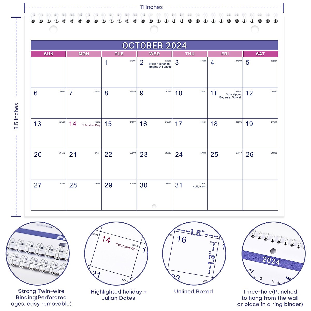 2024 Calendar - 2024 Wall Calendar, JAN. 2024 - DEC. 2024, 11" x 8.5", 12 Monthly Calendar 2024 with Twin-Wire Binding + Hanging Hook + Unuled Blocks with Julian Dates - Purple
