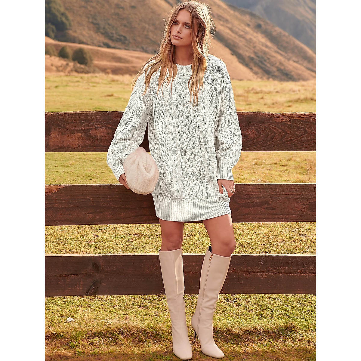 ANRABESS Women Long Sleeve Oversized Cable Knit Chunky Baggy Loose Pullover Tunic Mini Sweater Dress 2025 Trendy Fall Outfits White Medium