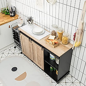 LOKO Farmhouse Buffet Cabinet with Storage, Rustic Bar Cabinet with 2 Sliding Barn Doors, Kitchen Sideboard Storage Cabinet with Adjustable Shelves, 48 x 16 x 33 inches