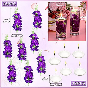 24 Set Artificial Faux Flowers for Floating Candles Centerpiece 12 Unscented Floating Candles and 12 Flower Vase Filler Table Centerpiece for Wedding Party Table Home Decor (Purple)