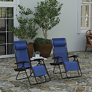 Merrick Lane Set of 2 Zero Gravity Lounge Chairs - Navy Mesh Upholstery - Removable Pillow - Removable Cup Holder Tray - Push Back Recline - Folding Design
