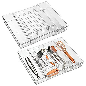 mDesign Dual Expandable Plastic In-Drawer Utensil Organizer Tray Deep 6 Divided Sections for Kitchen; Holds Cutlery, Flatware, Silverware, Cooking Utensils, Ligne Collection, 2 Pack, Clear