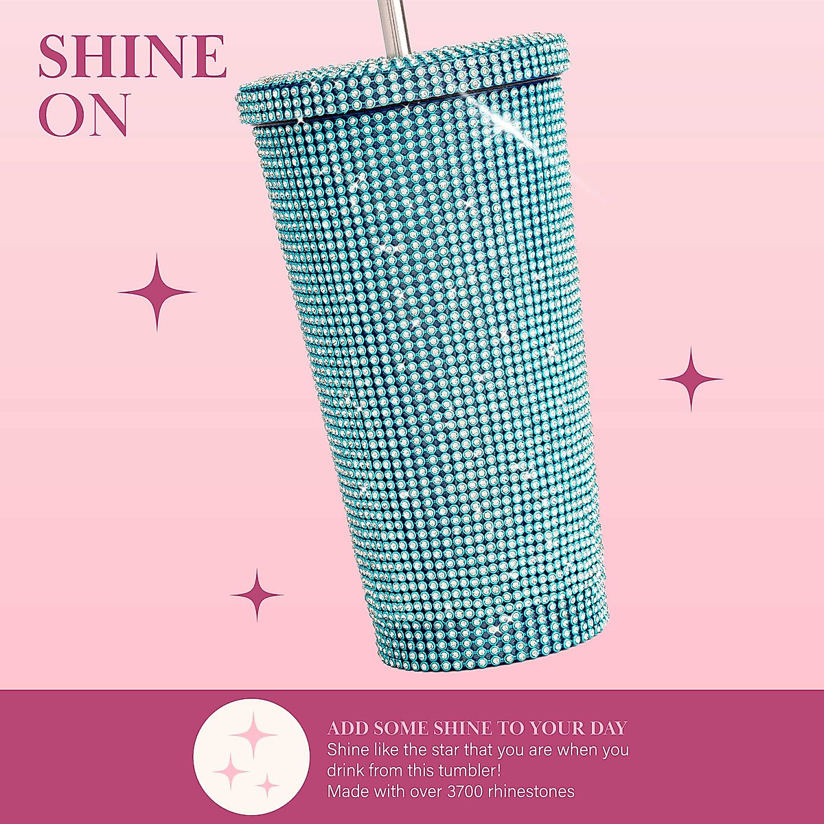 Paris Hilton Diamond Bling Water Tumbler With Lid And Straw, Vacuum Insulated Stainless Steel, Bedazzled With Over 3700 Rhinestones, 16.9-Ounce, Blue