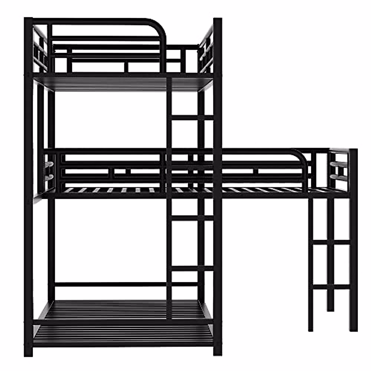 BIADNBZ L-Shaped Metal Triple Twin Size Bunk Bed with Integrated Ladder and Full-Length Guardrails for Kids/Bedroom,Black