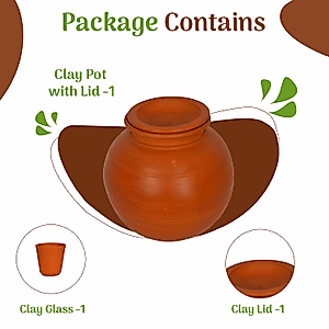 Village Decor Handmade Earthen Clay Water Pot with Lid and Glass (Capacity 6000 ml / 202 oz)