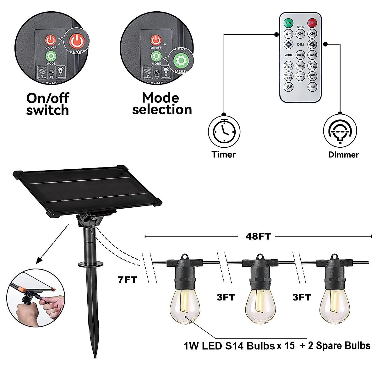 Stright 48FT Solar Powered String Light with Remote Control 8 Light Modes, Weatherproof Shatterproof LED Bulb 15 Sockets Outdoor Strand Patio Light for Fence Backyard