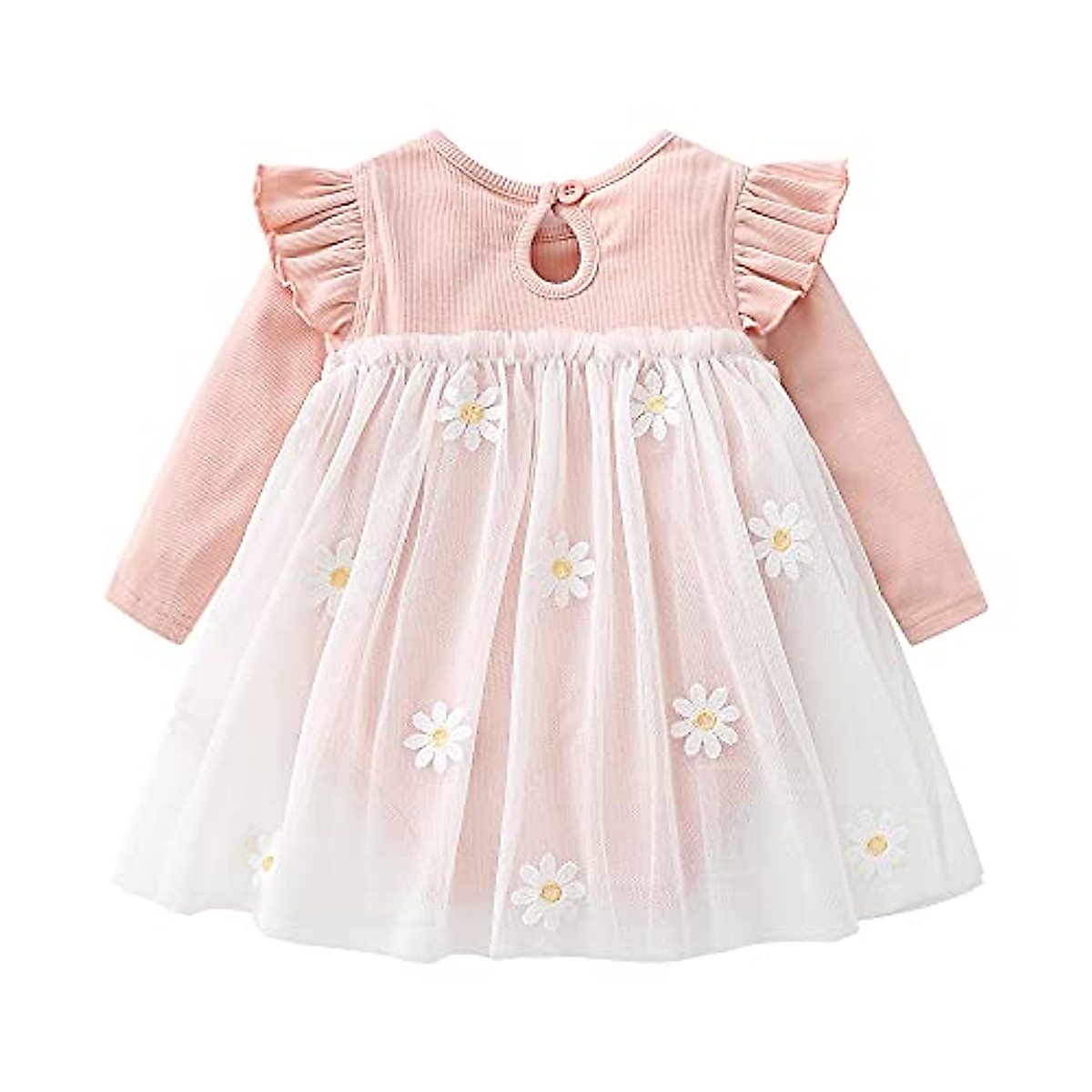 Toddler Baby Girls Dresses Infant Flower Embroidery Tulle Dresses Long Sleeve Newbron Baby Girls Clothes Outfit, 12-18M