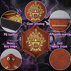 D&D Dice Tray PU Leather Hexagon Dice Holder Printed with Beholder Portable and Foldable Dice Rolling Mat for Board Game and Tabletop RPG (Style B)