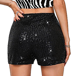 TRCKPOL High Waisted Sequin Shorts for Women Elastic Straight Leg Sparkly Glitter Party Shorts Black