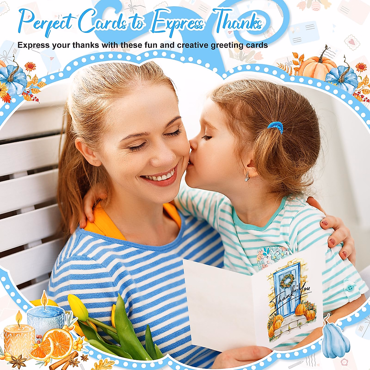 Piklodo 48 Set Fall Thanksgiving Cards with Envelopes and Stickers Watercolor Blue Thank You Cards Pumpkin Note Cards Autumn Greeting Cards Blank Cards for Birthday Wedding Bridal Shower Baby Shower