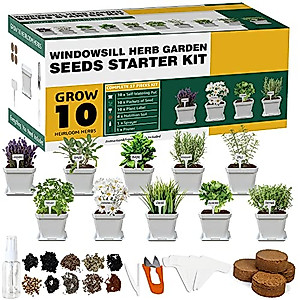 Herb Grow Kit, 10 Herb Seeds Garden Starter Kit, Complete Potted Plant Growing Set Including White Pots, Markers, Nutritional Soil, Watering, Herb Clipper for Kitchen Herb Garden DIY