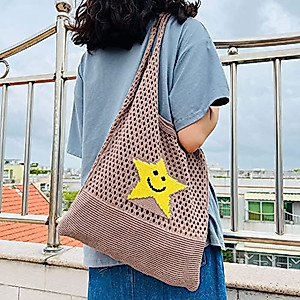 Fairycore Hobo Bag Y2K Fairy Grunge Star Crochet Tote Bag Aesthetic Indie Shoulder Handbags Grunge Mesh Purse Accessory (Beige)