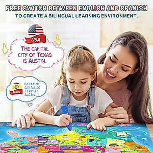 Qiaojoy Bilingual Interactive Map for Kids Talking USA Map for Kids Learning Geography Toys Games Ages 3 to 12 Educational Electronic USA Map i-Poster Gift for 4 5 6 7 8 9 10 Year Old Girls Boys