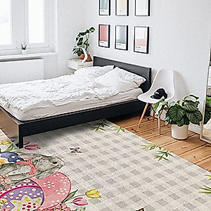 Easter Area Rugs for Living Room/Bedrooom, 2'x3' Area Rug Non-Slip, Cute Bunny Eggs Spring Floral Tulip Botanical Grey Plaid Kids Room Area Rug Washable Accent Floor Carpet Runner Indoor Outdoor