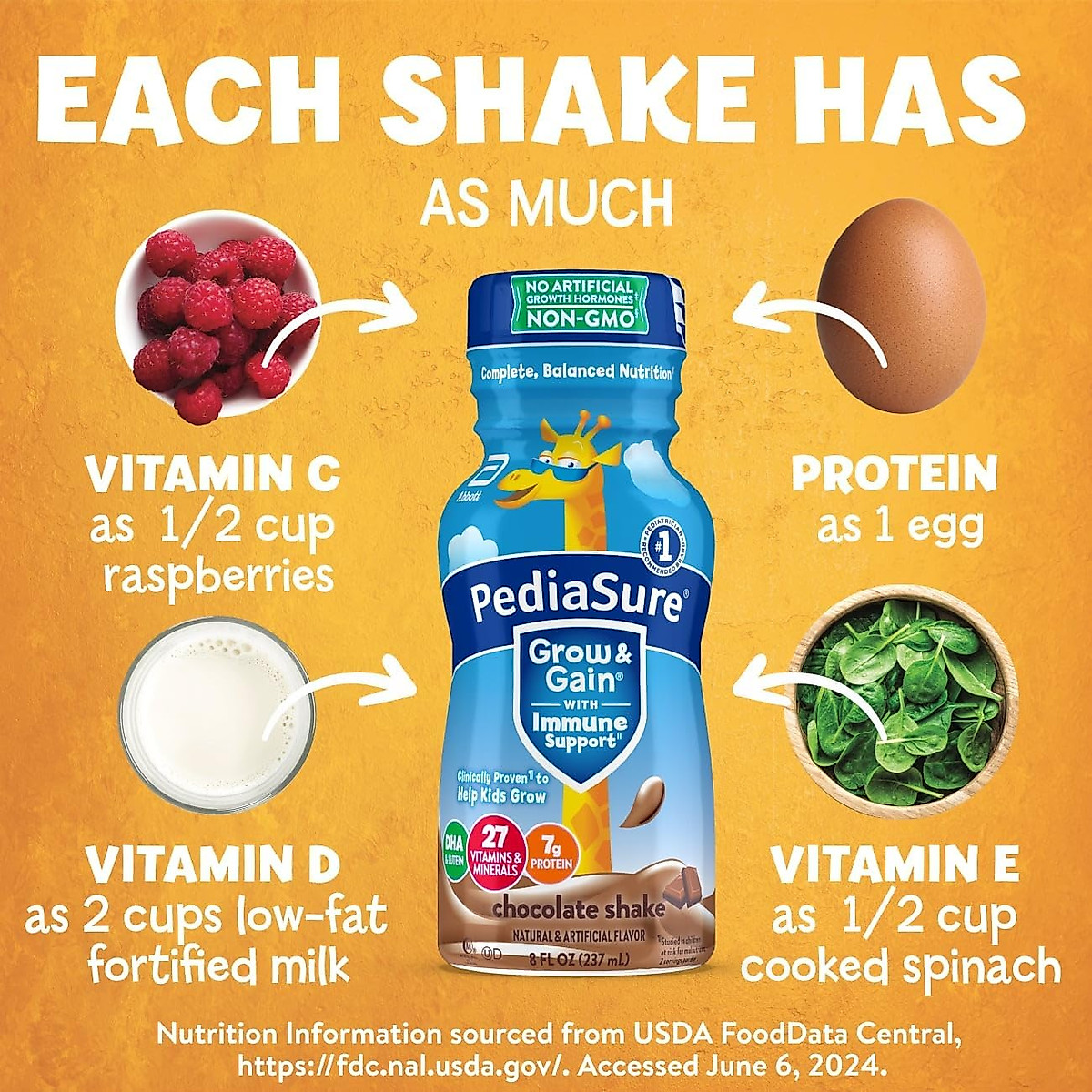 PediaSure Grow & Gain With Immune Support, Kids Protein Shake, Chocolate, 8-fl-oz Bottle, 6 Shakes