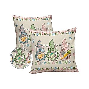 Vandarllin Outdoor Throw Pillows Covers 18X18 Set of 2 Waterproof Gnome Easter Eggs Bunny Decorative Zippered Lumbar Cushion Covers for Patio Furniture, Pink Buffalo Plaid