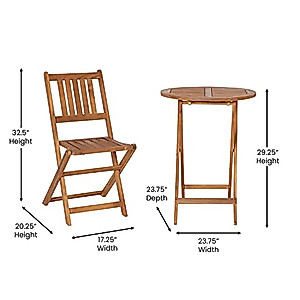 Flash Furniture Martindale 3 Piece Folding Patio Bistro Set - Natural Finish Acacia Wood - Indoor/Outdoor Round Table - 2 Chairs - Slatted Tabletop, Back and Seat