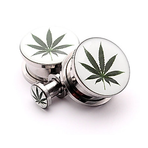 Mystic Metals Body Jewelry Screw on Plugs - Pot Leaf Picture Plugs - Sold As a Pair (8g (3mm))