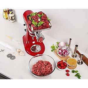 KINGEAGLE Food Grinder Attachment for KitchenAid Mixers,Stainless Steel Dishwasher Safe Meat Mincer Accessories Set Included 3 Sausage Stuffer Tubes