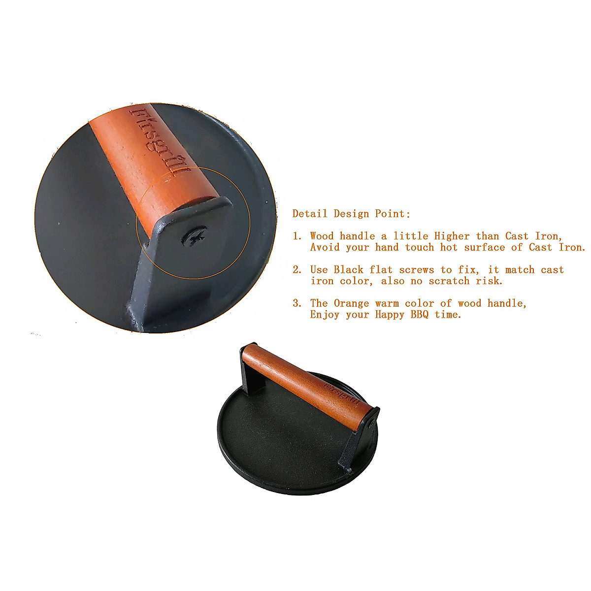 Firsgrill Burger Press 7.08" Round,Heavy-Duty Cast Iron Smash Burger Press Meat Steak With Wood Handle for Blackstone Camp chef Pitboss Weber Griddle Grills(Round)