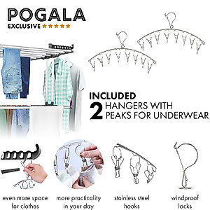 Pogala, Clothes Drying Rack, Indoor, Outdoor Laundry Drying Rack, with Foldable Wings, Space Saving Laundry Rack, Laundry Hanger Dryer Rack, Includes 2 Packs of Stainless Hangers for Underwear
