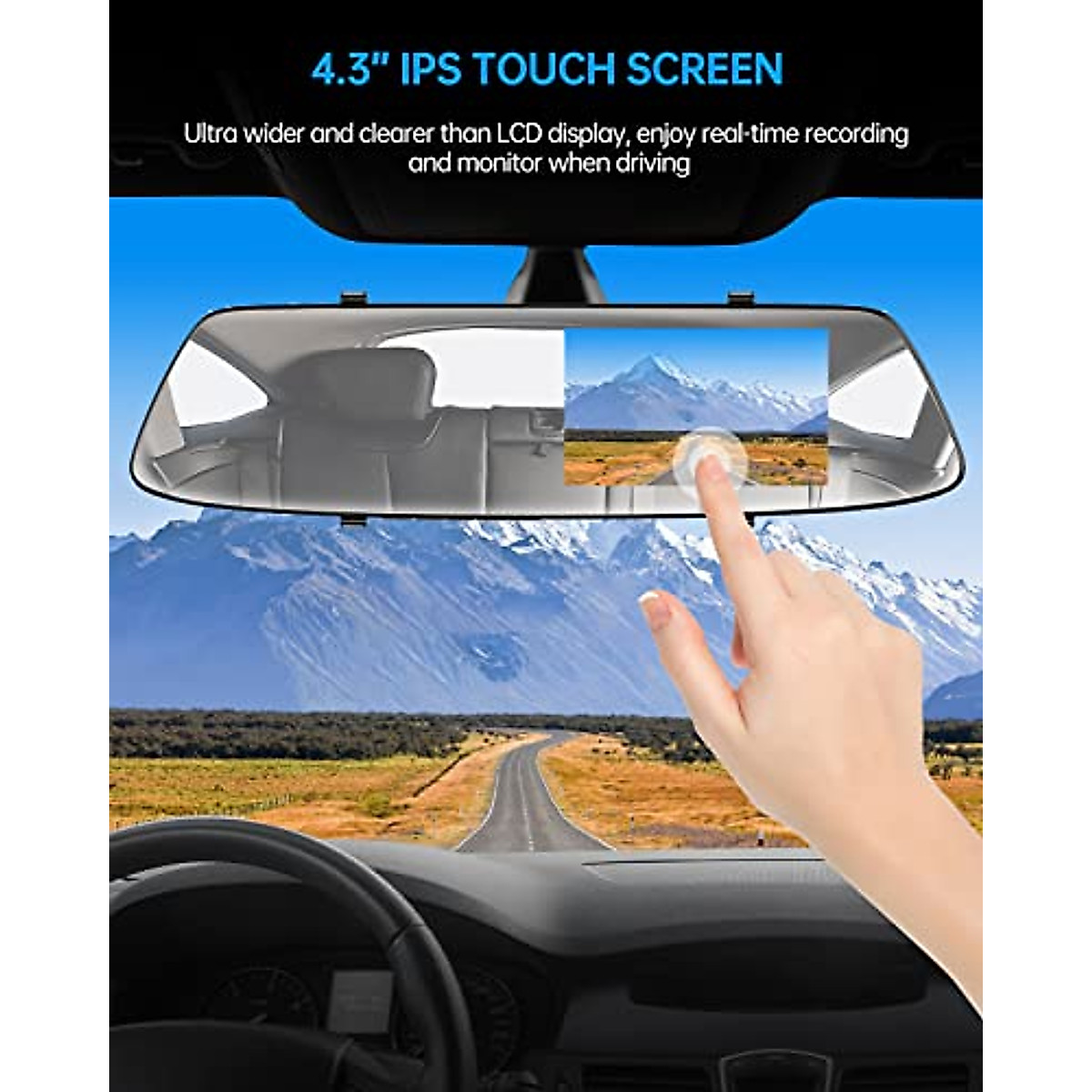 1080P Mirror Dash Cam 4.3in Touch Screen, Front and Dash Waterproof Backup Camera Rear View Camera, Parking Assistance, Loop Recording, G-Sensor, Monitor, Free 64GB Memory Card