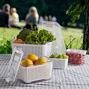 HIEEY 6pack-Drain basket 6-Piece Fruit Storage Containers for Fridge with Strainer,Produce Containers for Fridge,Lettuce Keeper,White (Not Dishwasher Safe) | BPA-Free