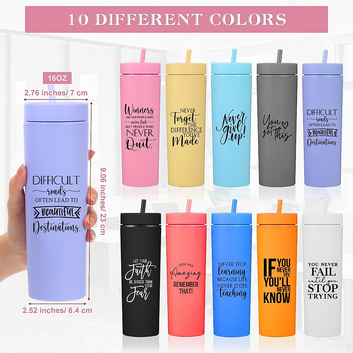 Tioncy 10 Pcs Employee Appreciation Gifts Bulk Thank You Gift 16oz Matte Inspirational Skinny Tumbler with Lid and Straw Christmas Appreciation Team Gifts for Coworker Teacher(Charming)